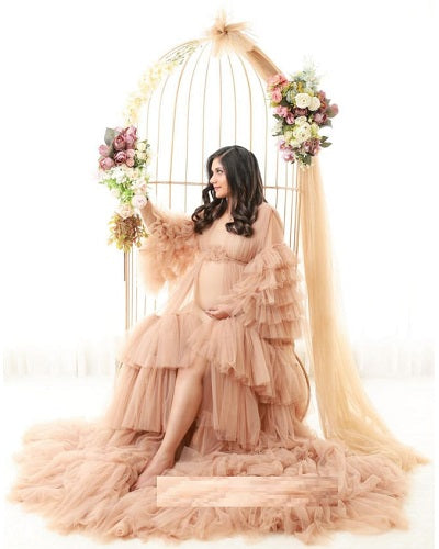 G1058, Beige Ruffled Maternity Shoot Trail Gown, Size (ALL)pp – Style ...